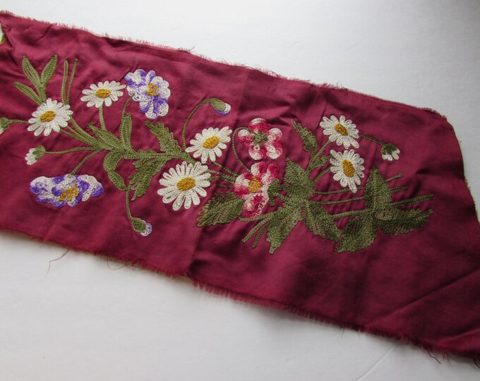 Victorian Silk Remnant Hand Work Embroidery Wine Tone Silk Chain Stitch ...