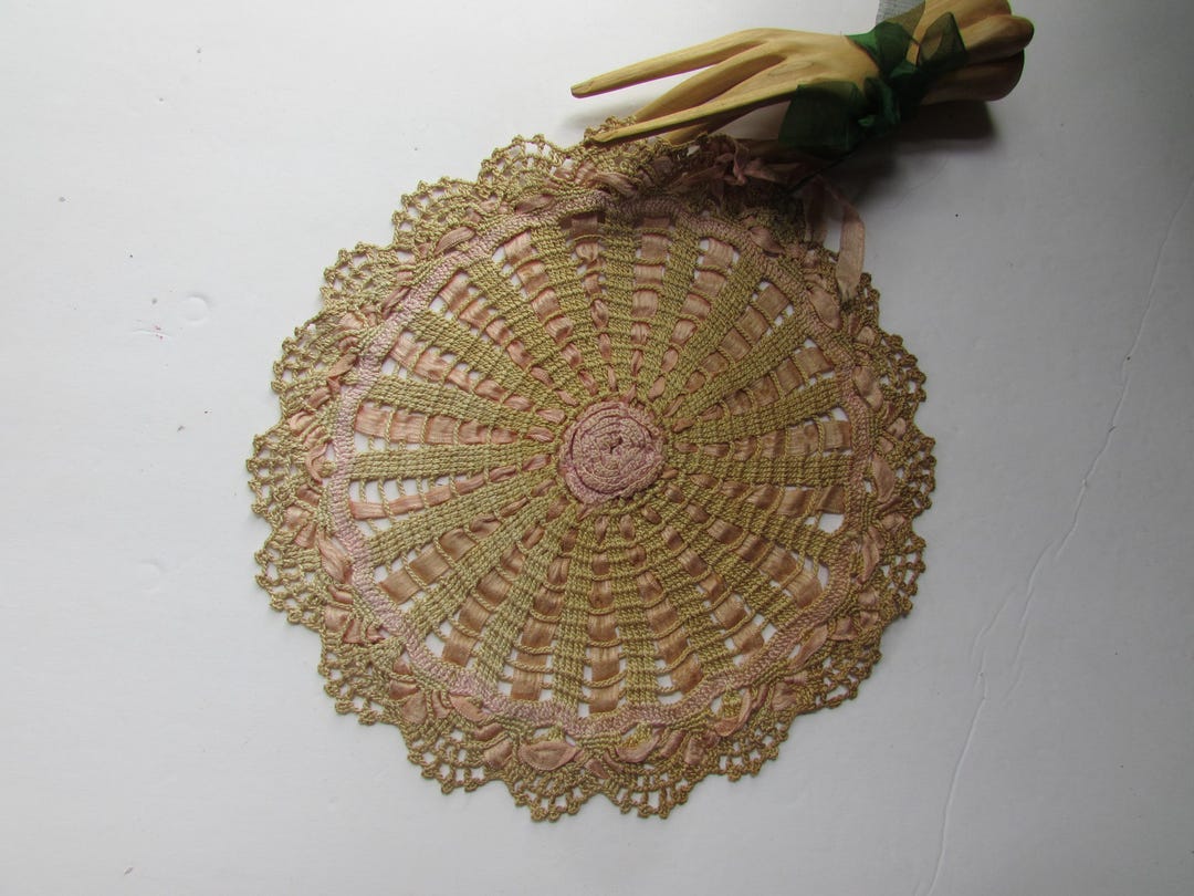 Vintage Doily Crochet Doily Ecru Color Pink Ribbon Woven Ribbon Irish ...