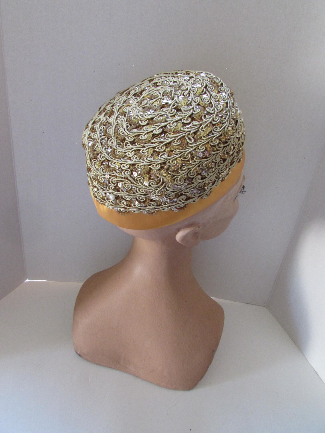 Vintage Hat Toque Style Gold Gimp Gold Sequins Marigold Satin Brim 1960 ...