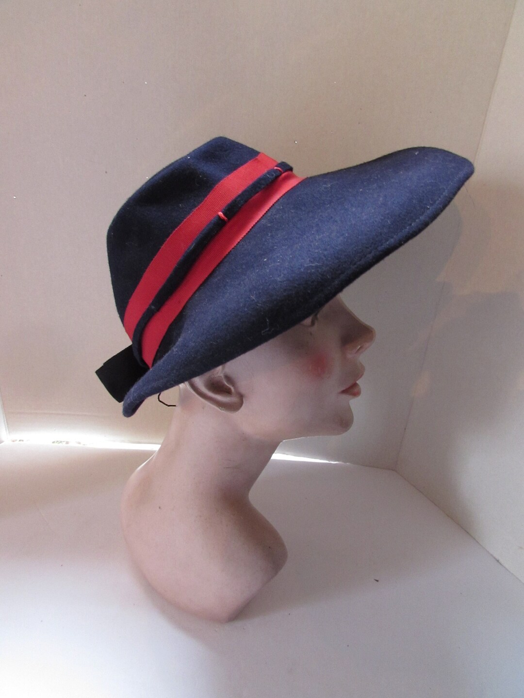 Vintage Hat Navy Felt Red Ribbon Wide Brim Rounded Crown - Etsy