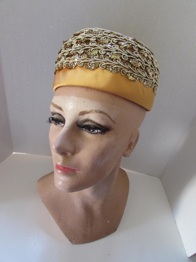 Vintage Hat Toque Style Gold Gimp Gold Sequins Marigold Satin Brim 1960 ...