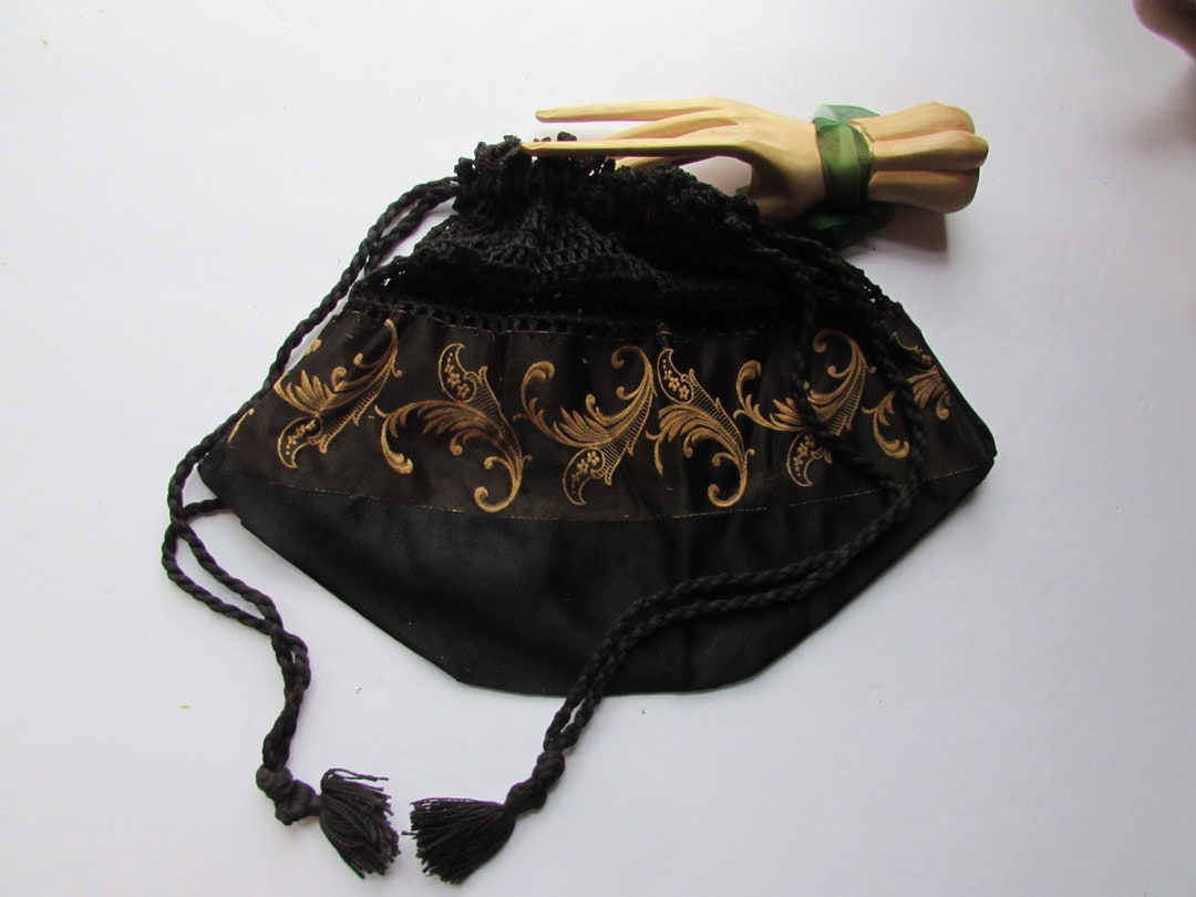 Antique Pouch Bag Vintage Drawstring Bag Crochet Top Black Body Gold ...