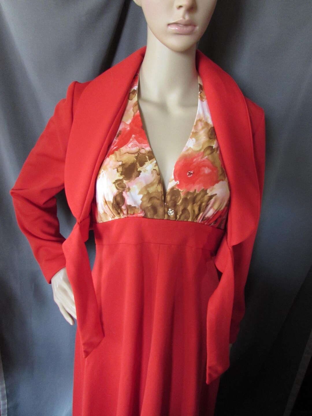 1970 Era Halter Dress Two Bolero Jackets Tomato Red Polyester Home ...