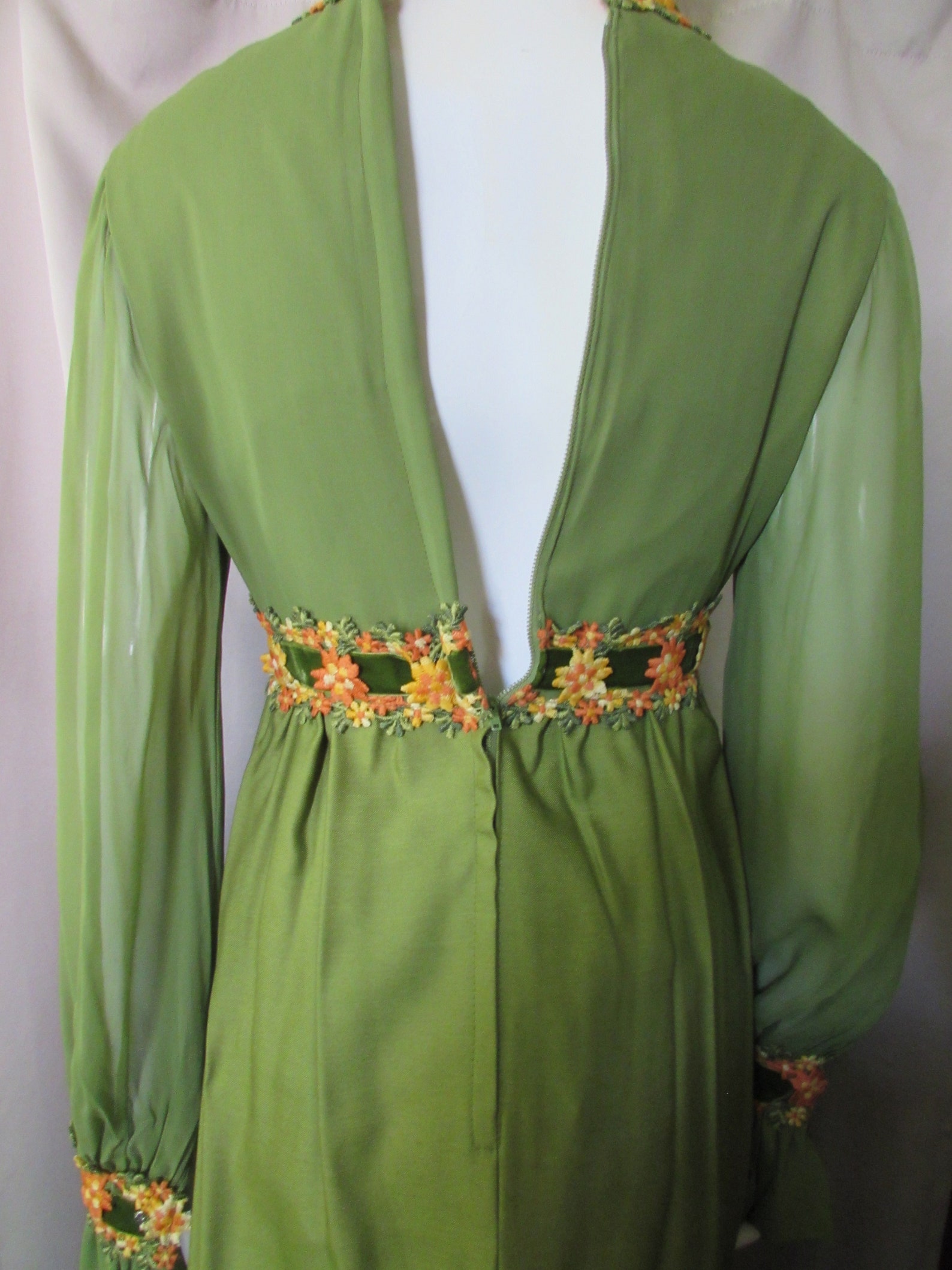 SALE 1970 Era Vintage Long Gown Avocado Green Orang Yellow Daisy Trim ...