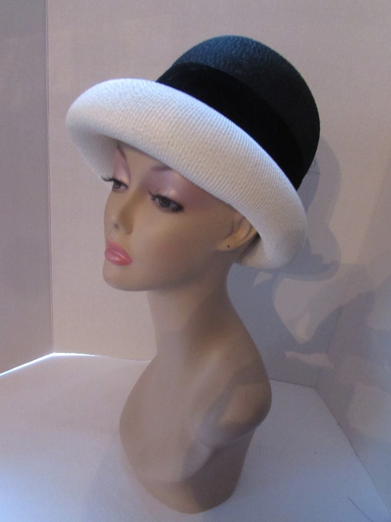1960 Era Lampshade Style Vintage Hat Woven Black Whi… - Gem