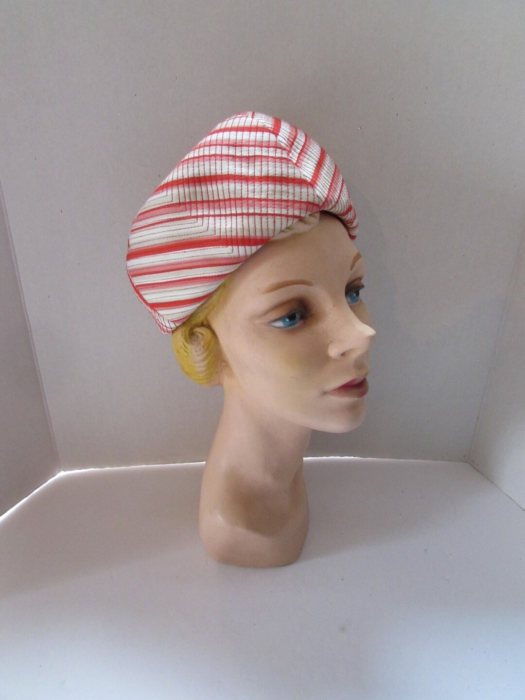 Vintage Hat 1950 Era Topper Style Coral Stripes Red Beige Cream Arnold ...