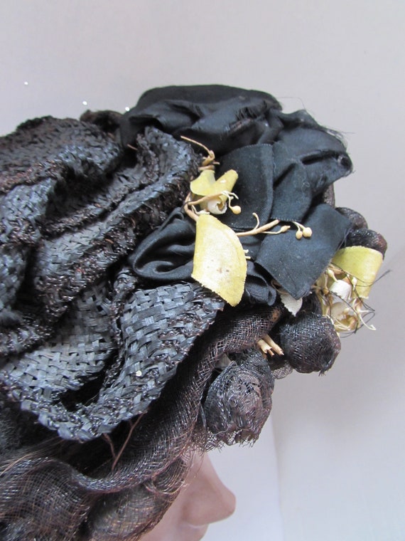 SALE Antique Bonnet Victorian Era Hat Black Straw Chi… - Gem