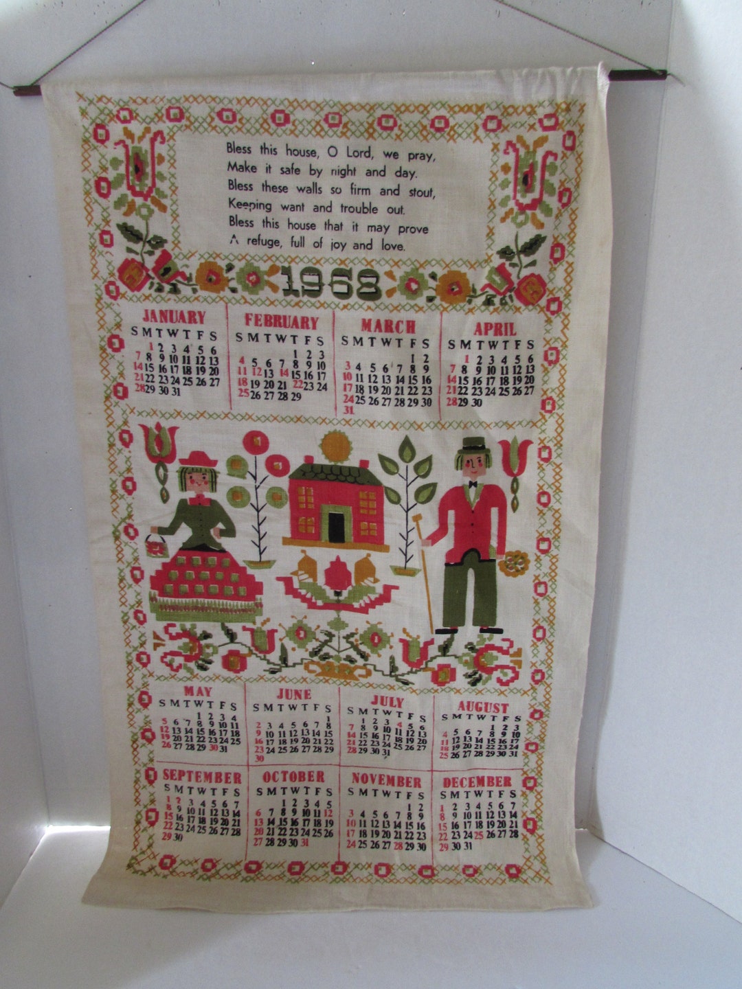 Vintage Towel Linen Towel 1968 Calendar Pennsylvania Dutch Bless This ...