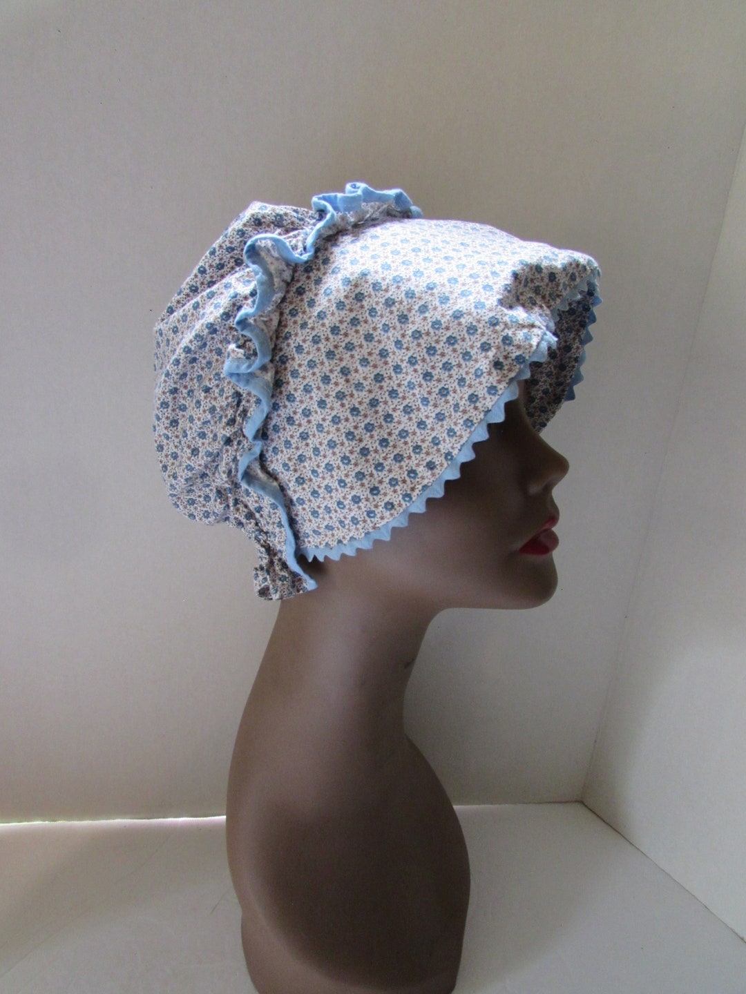 Prairie Sunbonnet Mop Cap Blue Calico Cotton Hand Made Sun Brim Elastic ...
