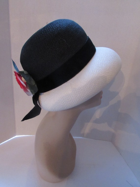 1960 Era Lampshade Style Vintage Hat Woven Black Whi… - Gem