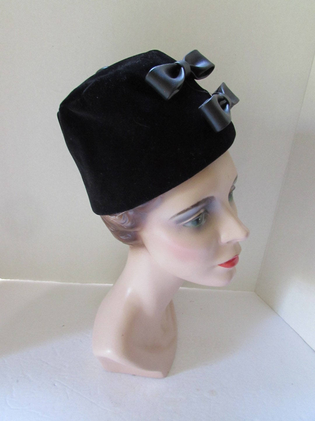 SALE 1960 Era Toque Style Black Velvet Leather Bows Styled by ...