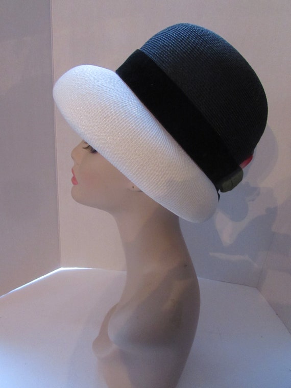 1960 Era Lampshade Style Vintage Hat Woven Black Whi… - Gem