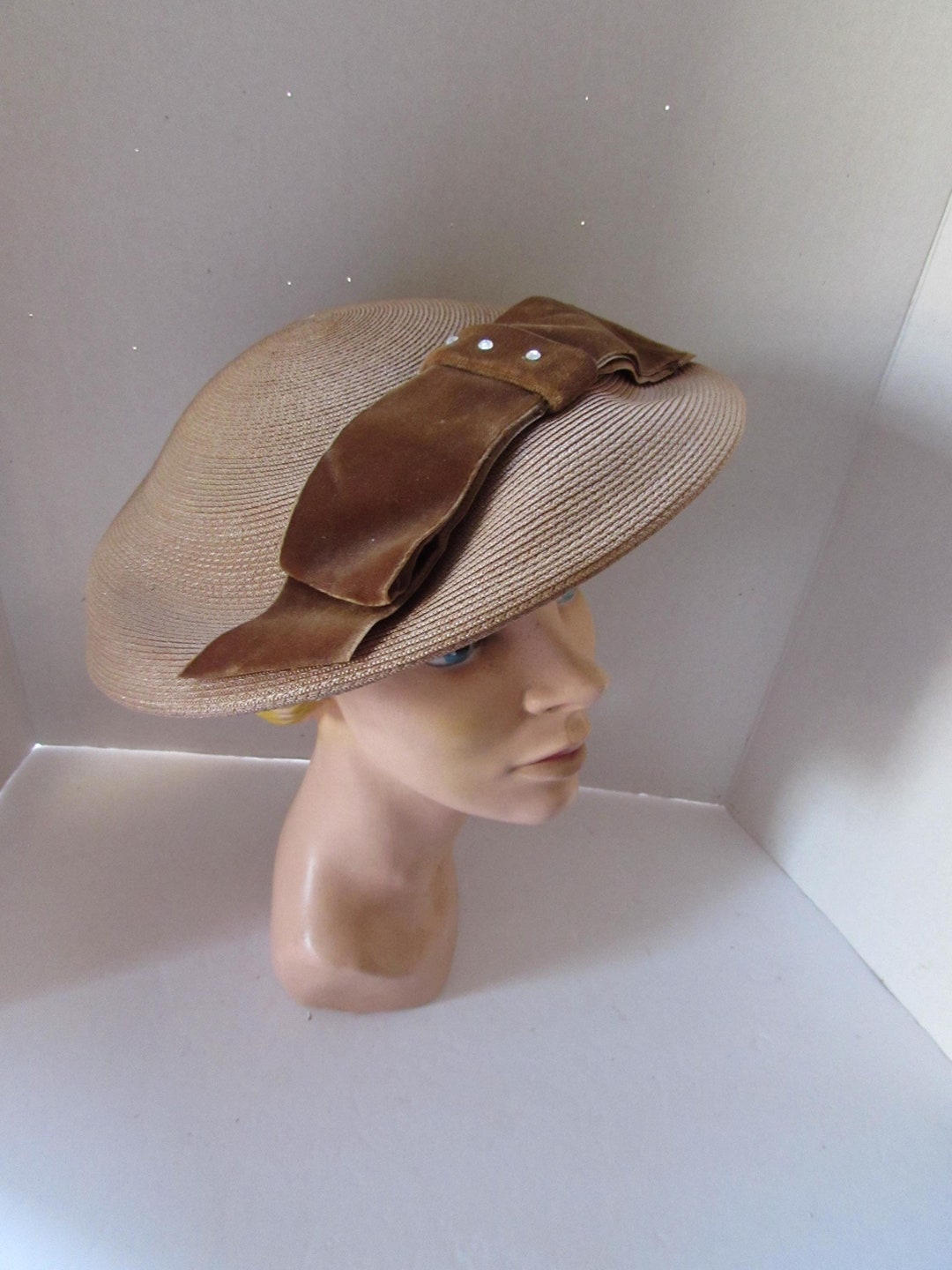 Vintage Hat Modified Saucer Style Millinery Straw Cinnamon Tone Velvet ...