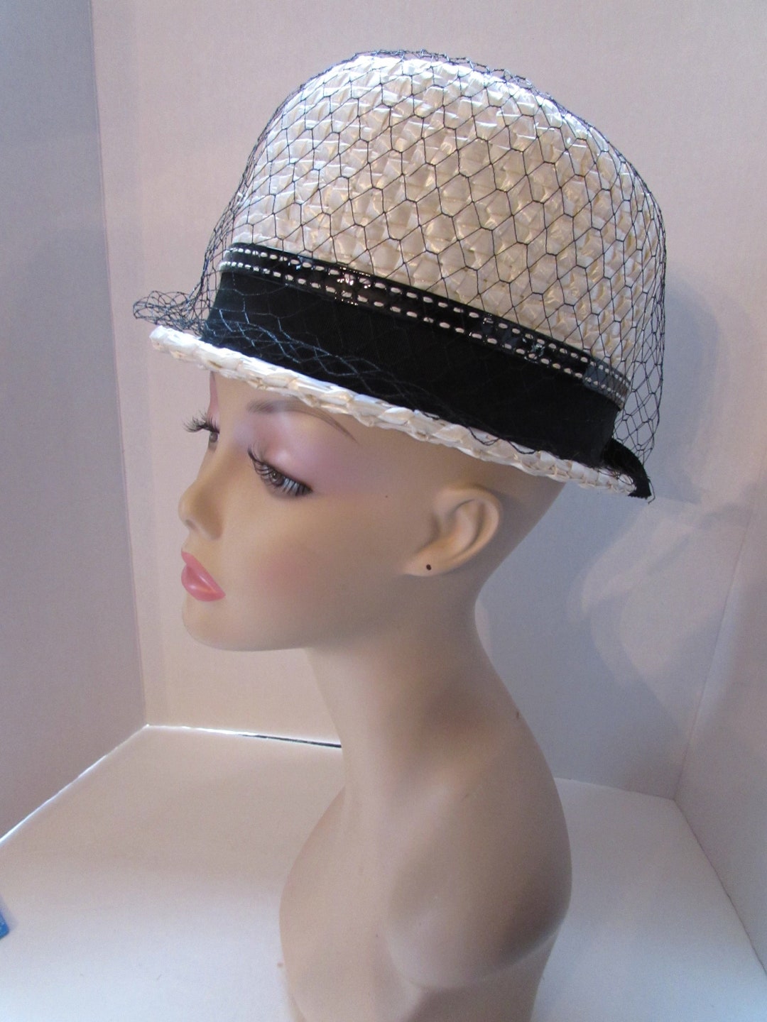 Mid Century Hat Bucket Hat White Millinery Cellophane Black Ribbon Band ...