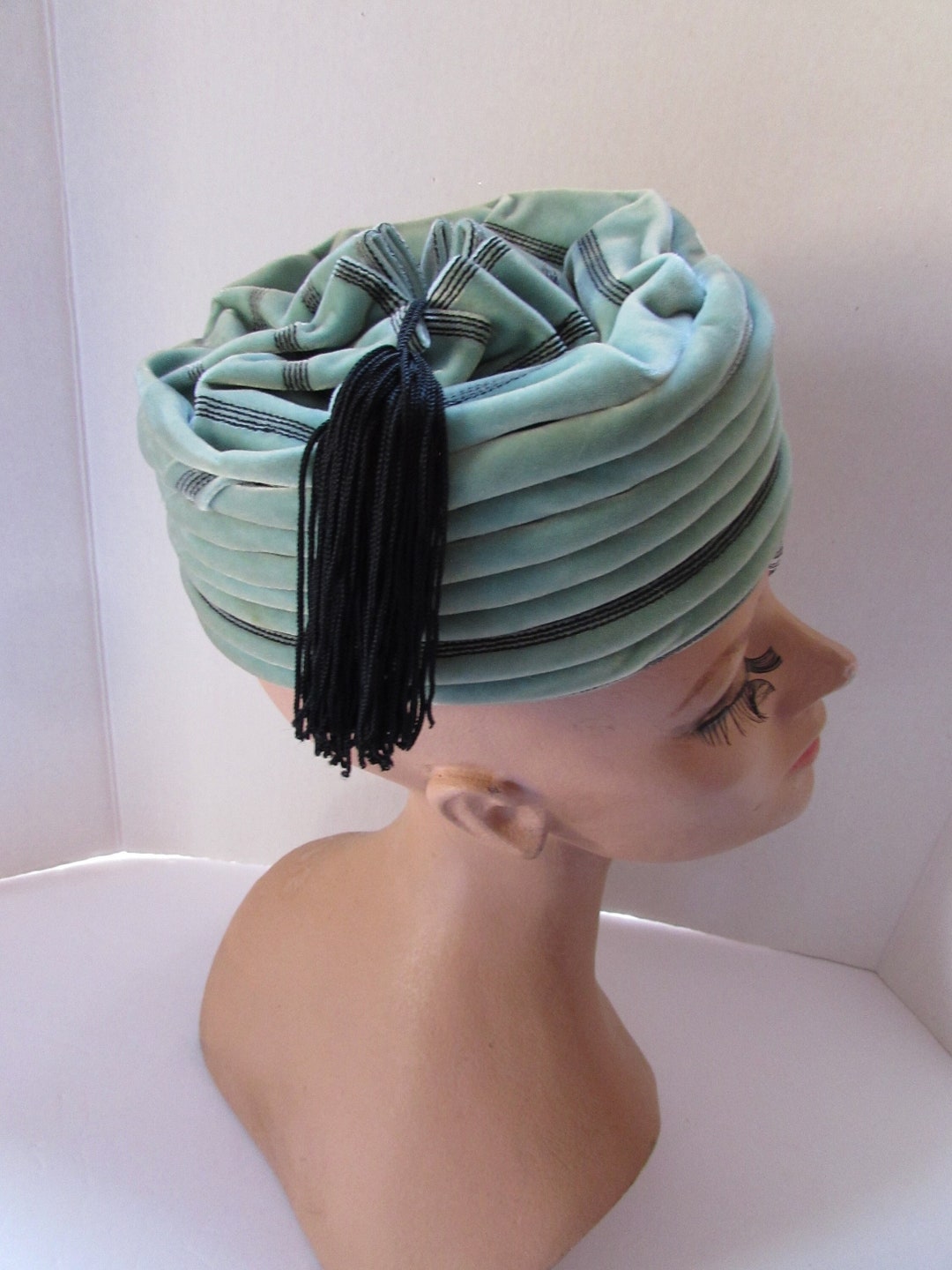 SALE Mid Century Hat Toque Style Mint Black Stripe Velvet Coils Black ...