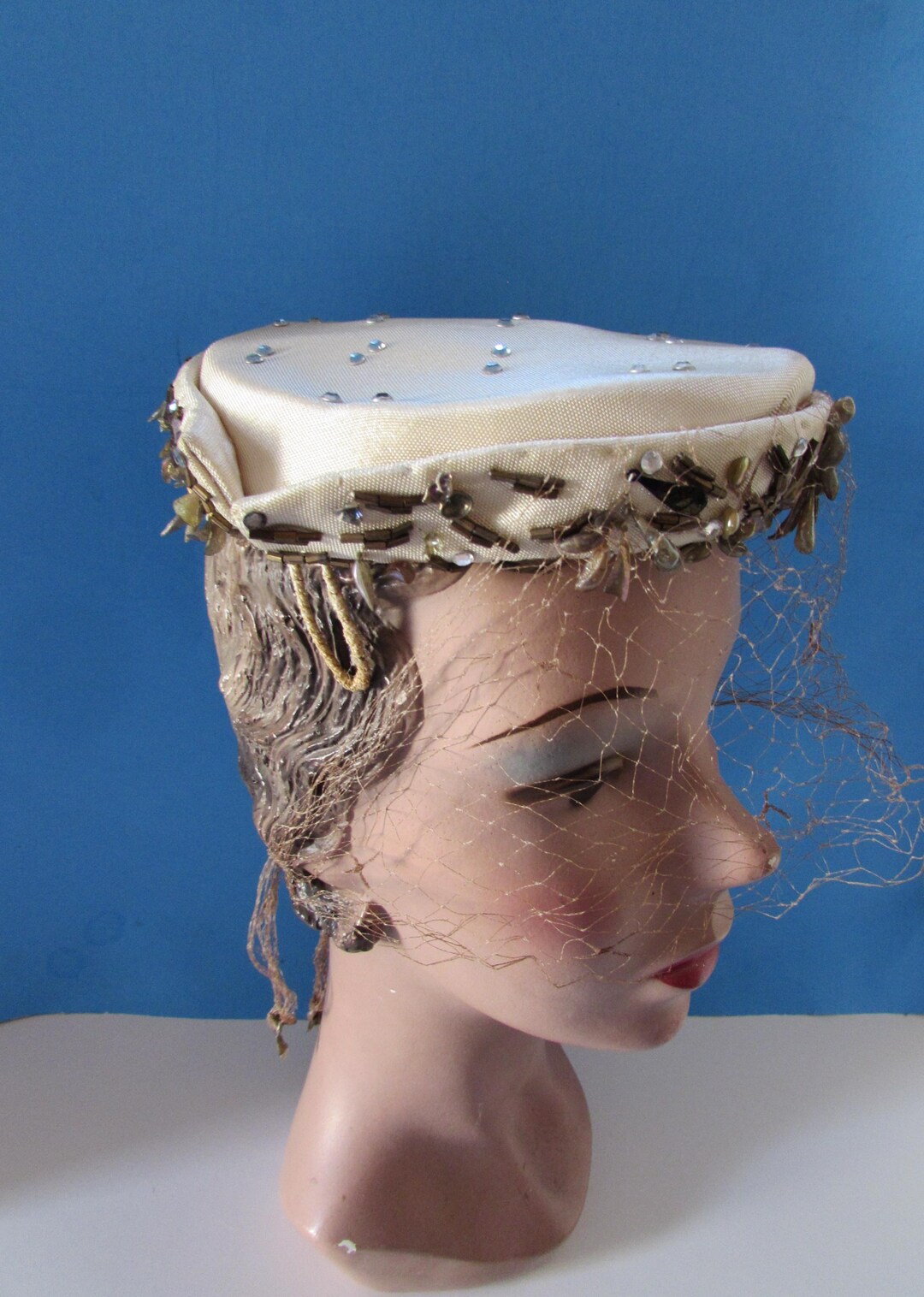 Vintage Hat Pill Box Style Cream Color Dangling Beading Mid Century ...