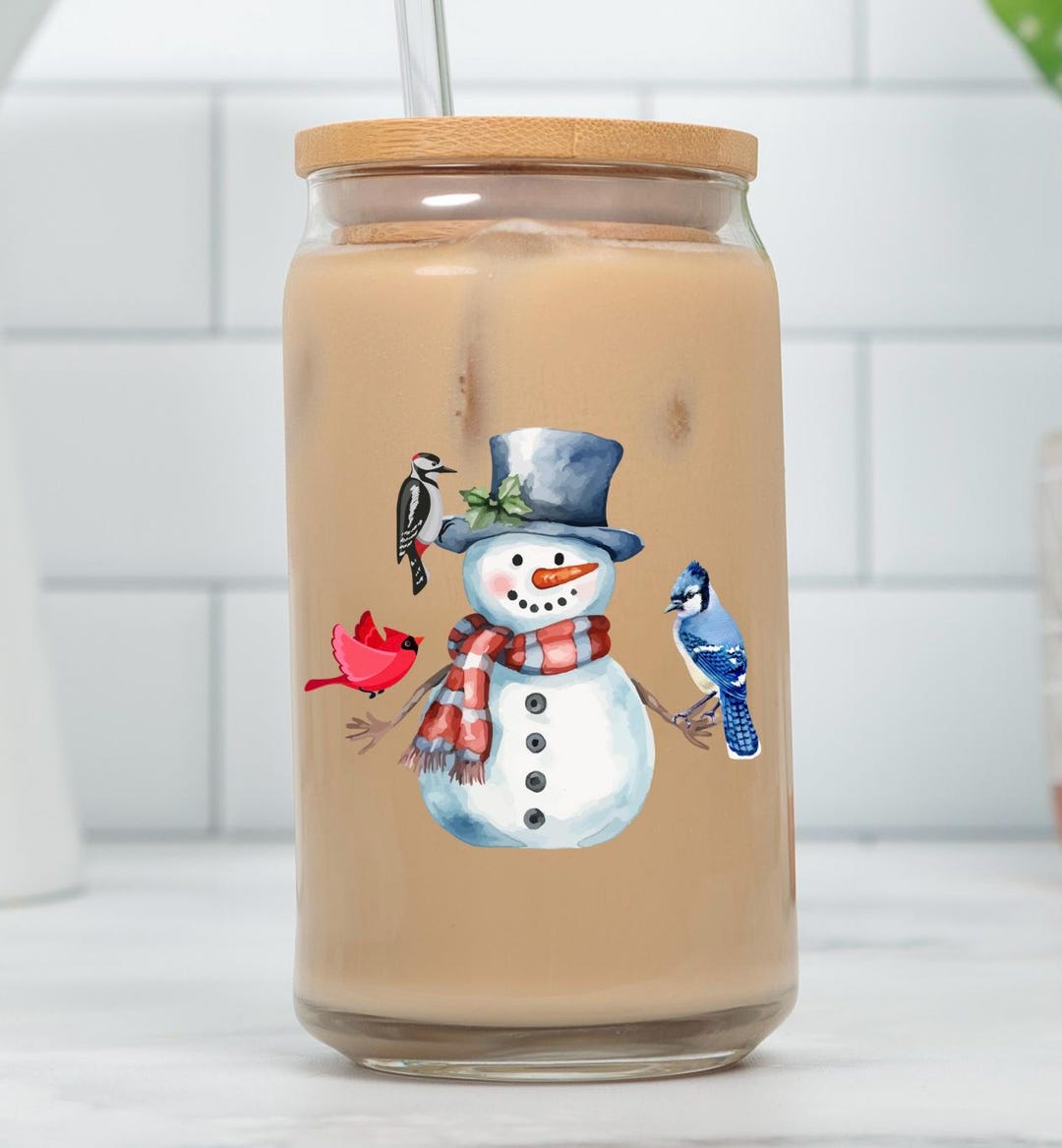 Snowman Glass Tumbler With a Lid and Straw, Cardinal Tumbler, Blue Jay ...