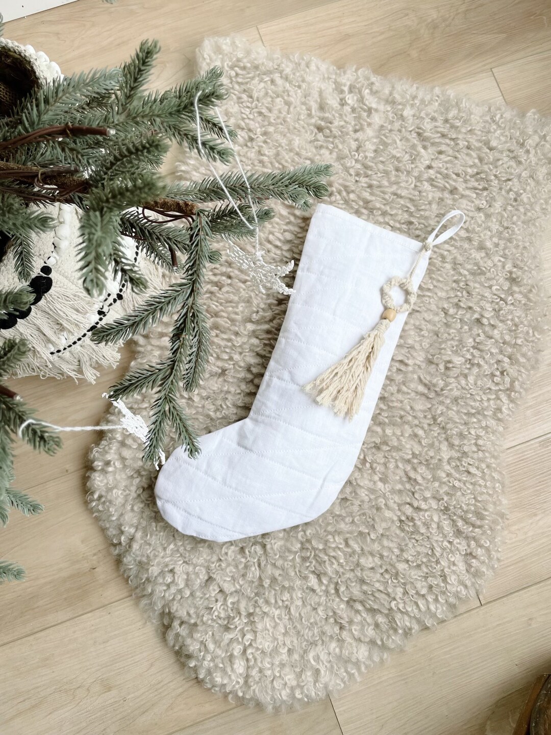 White Linen Blend Bohemian Christmas Stocking | Neutral Christmas ...