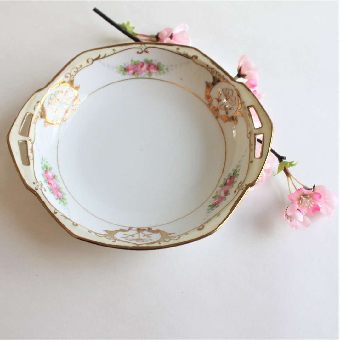 Hand Painted Nippon Octagon Candy Dish, Swags of Pink Roses, Gold ...