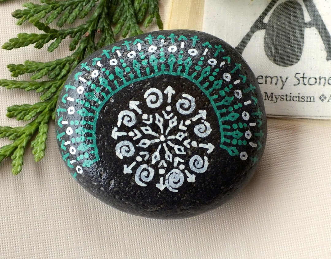 Medium-sized Hand Painted Alchemy Stone With Green & White Sacred ...