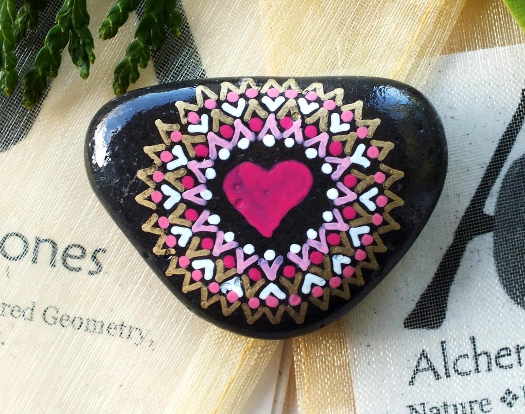 Small-med Hand Painted Alchemy Heart Stone With Red, Pink, Gold and ...
