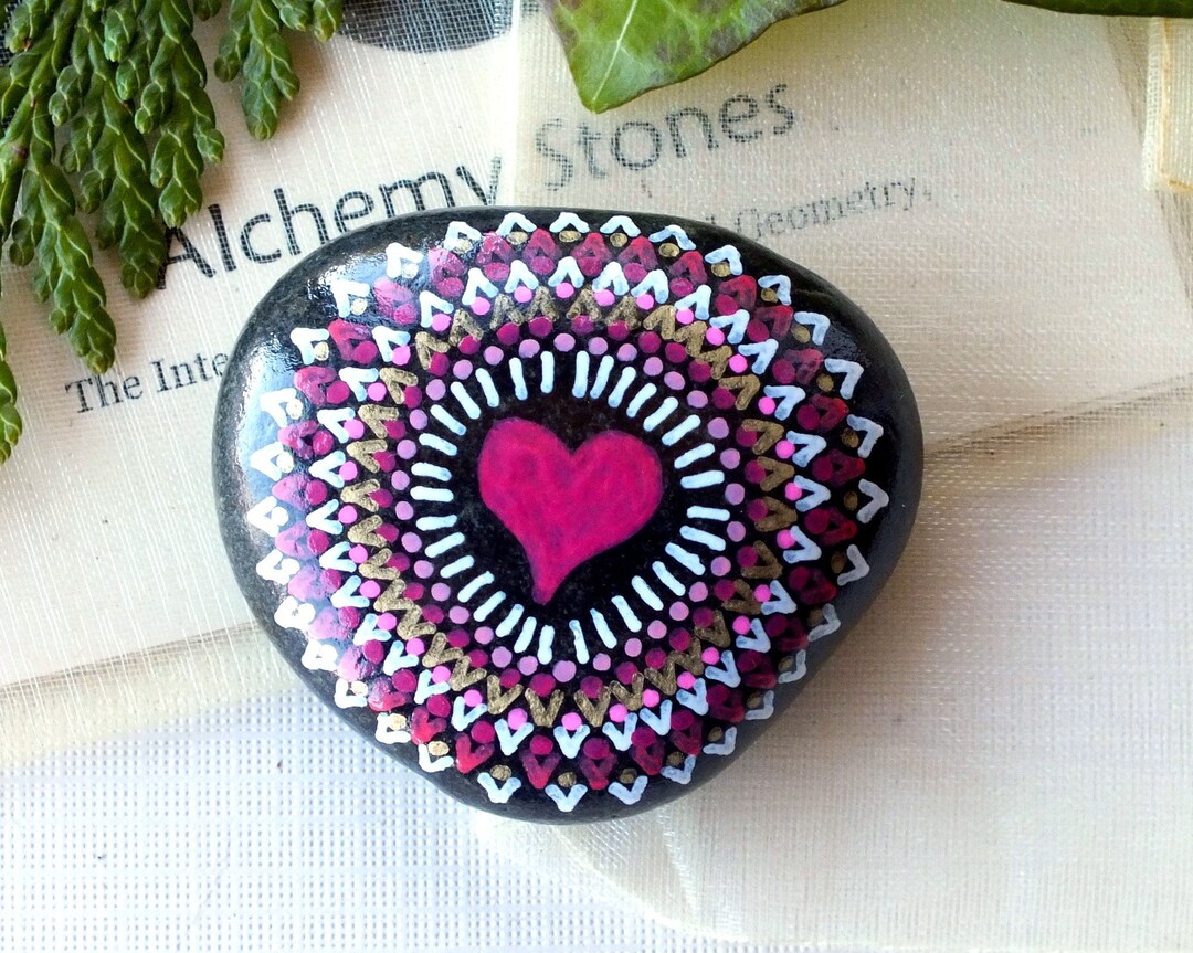 Medium Sized Hand Painted Alchemy Heart Stone With Red, Pink, Gold and ...