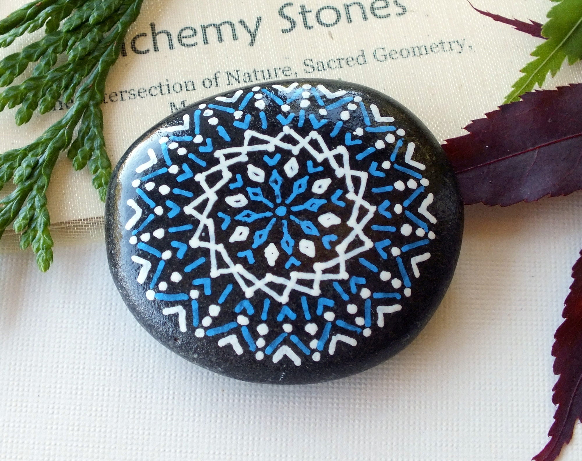 Medium Hand Painted Alchemy Stone With Blue & White Sacred - Etsy