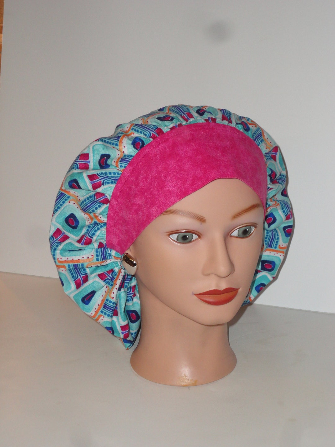 Perfect Sized Bouffant Cap..blue/dk Blue,pink/yellow Print W/pink Band ...