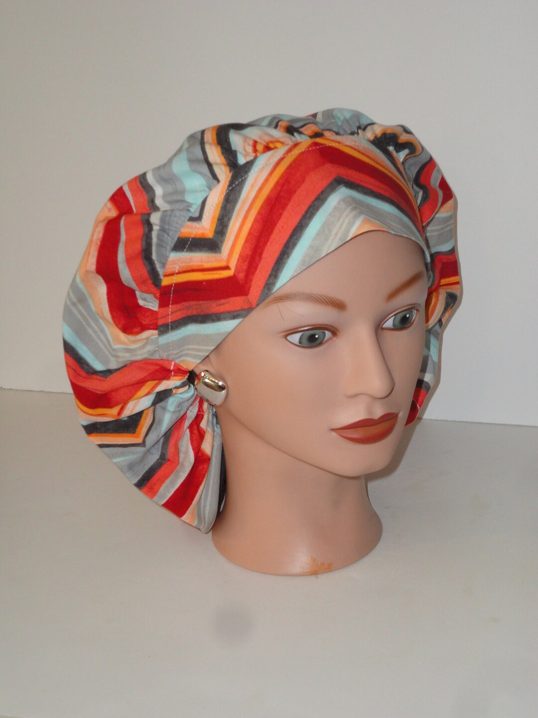Perfect Sized Bouffant Cap...orange/gry/blue/melon Print W/matching ...