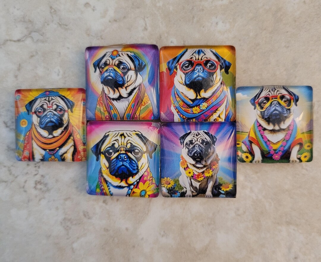 1960's Hippy Pug Refrigerator Magnets Set of 6 Free Shipping No Minimum ...