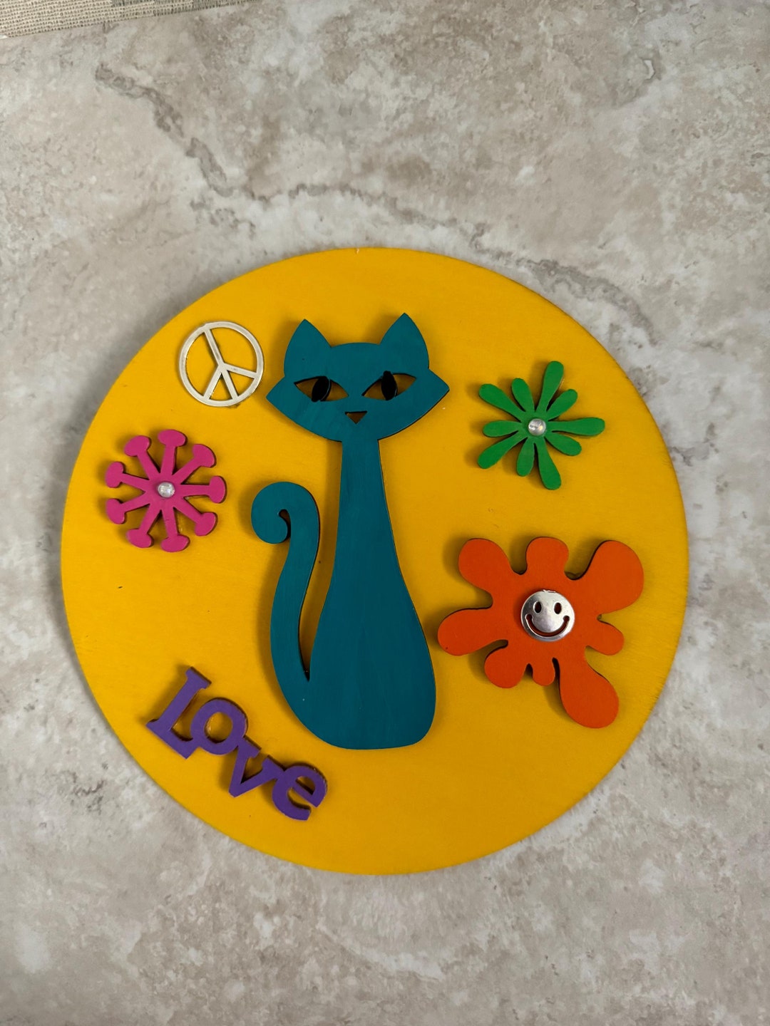 Retro Hippy 1960's Cat Wall Hanging - Flower Power - Peace - Smiley ...