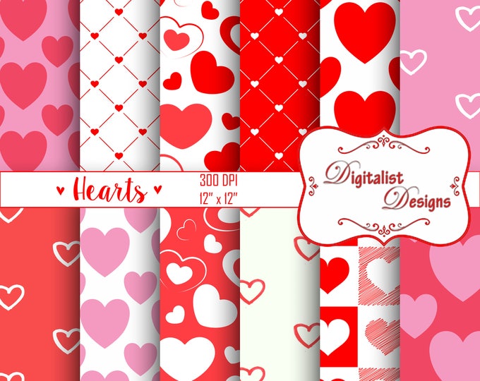 Hearts Digital Paper Hearts Scrapbook Paper Valentine - Etsy