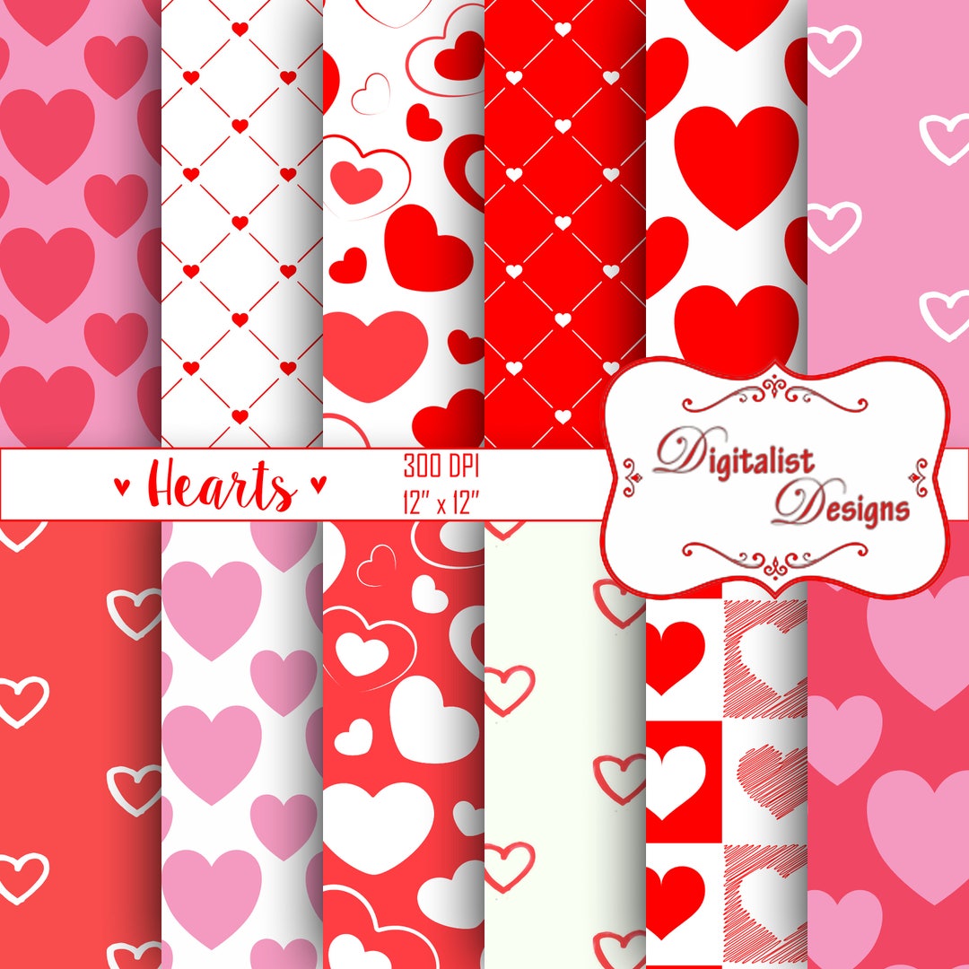 Hearts Digital Paper, Hearts Scrapbook Paper, Valentine Digital Paper ...