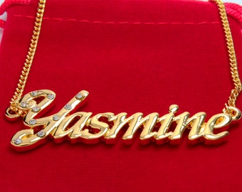 Name Necklace Yasmine Gold Plated 18ct Personalised Necklace With Czech Rhinestones Etsy