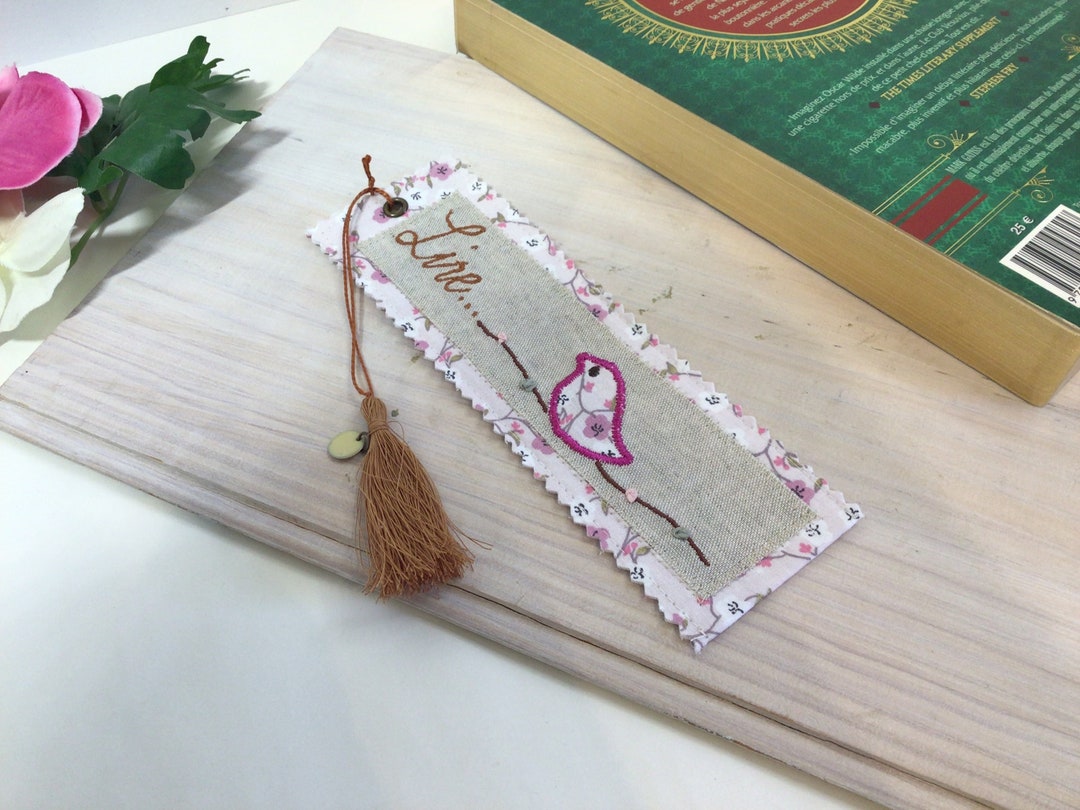 Fabric Embroidered Bookmark, Flowers and Bird Tab, Customizable ...