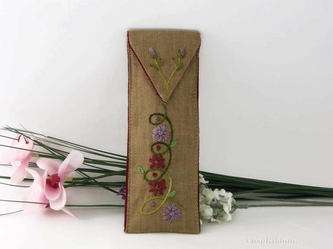 Embroidered Linen Pen Holder or Glasses Case: Floral Arabesque Glasses ...