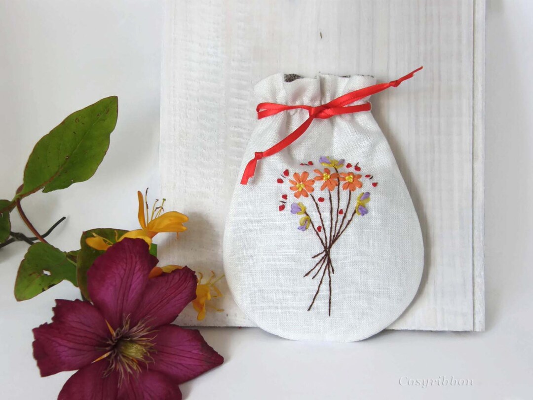 Embroidered Linen Drawstring Pouch: Handmade Floral Gift Bag - Etsy