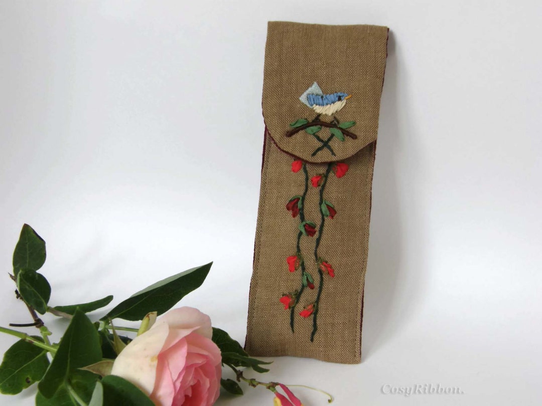 Embroidered Linen Pen Pouch: Rustic Floral Glasses Case - Etsy