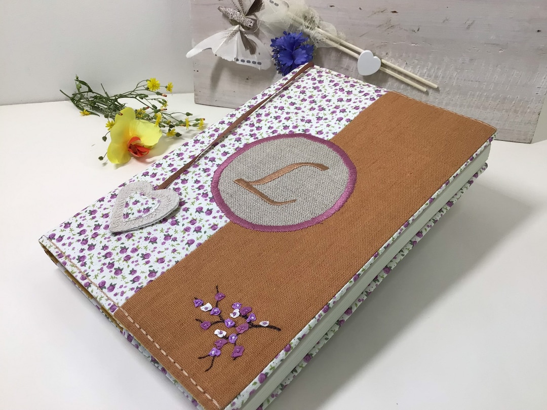 Monogram Book Cover: Embroidered Linen Fabric, Personalized Book Sleeve ...