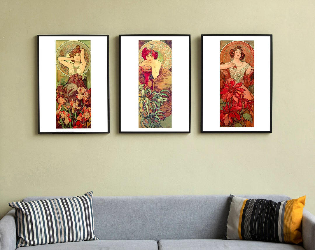 SET OF 3 Mucha Gemstone Prints Gallery Wall Art Print Vintage Poster ...