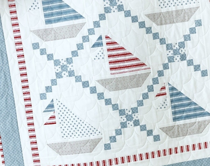 Blue Patchwork Quilt With Sailboats, Nautical Quilt, Nursery Bed Cover ...