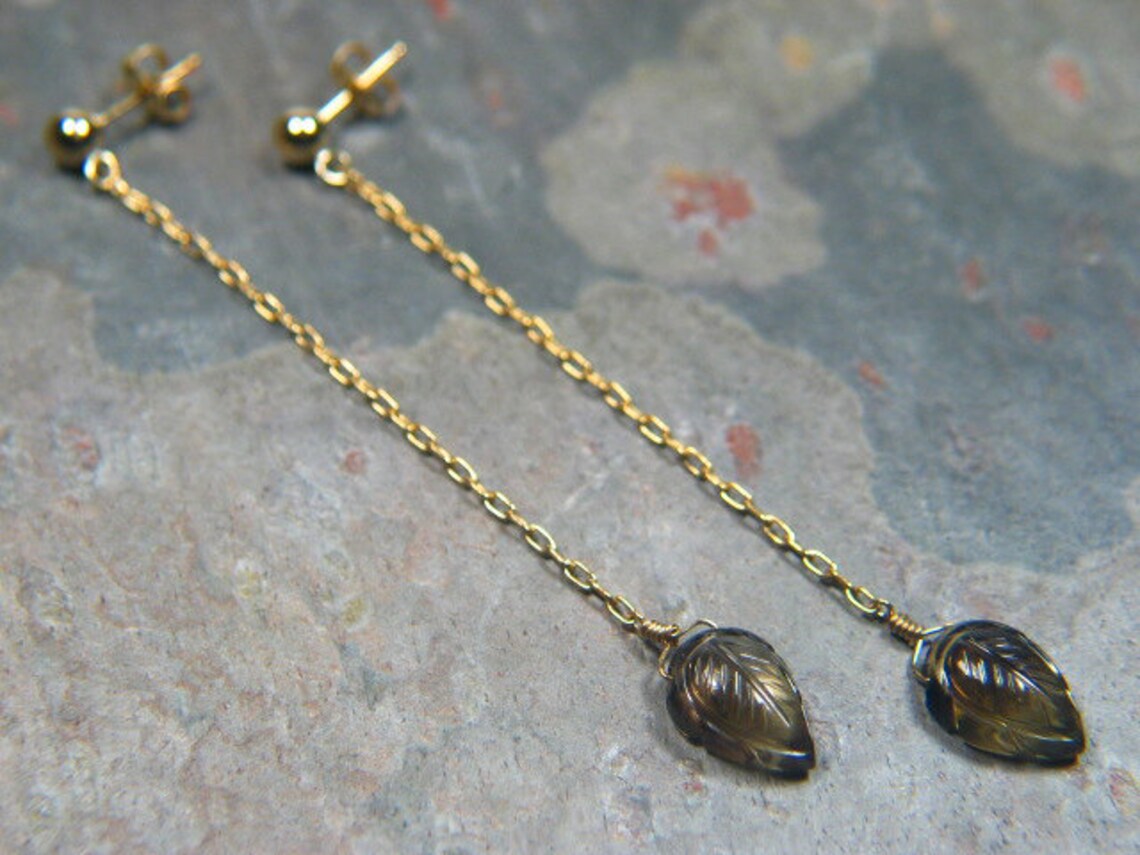 Gemstone Carved Leaves Long Chain Earrings, Gold Filled Studs and Bi ...