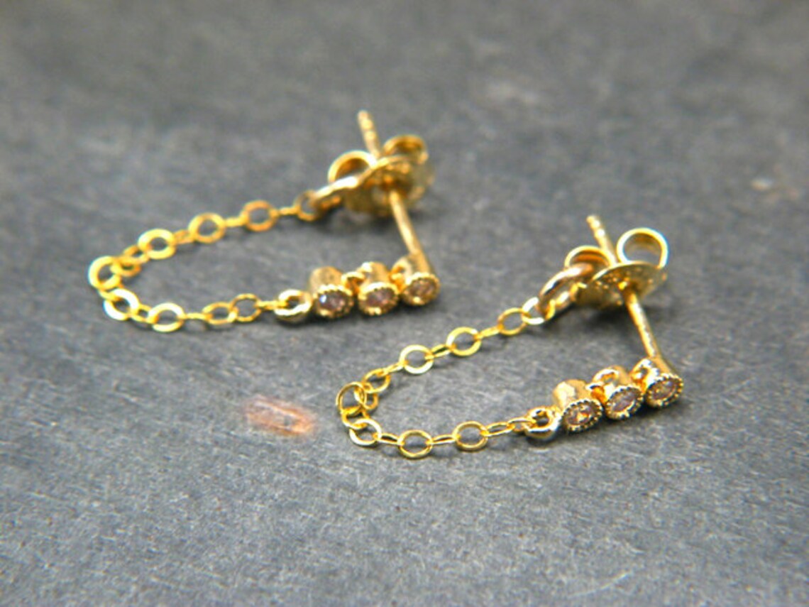 Front to Back Chain Drop Gold Earrings With 3 Bezel Set - Etsy