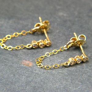 Front to Back Chain Drop Gold Earrings With 3 Bezel Set Vertical Linear ...