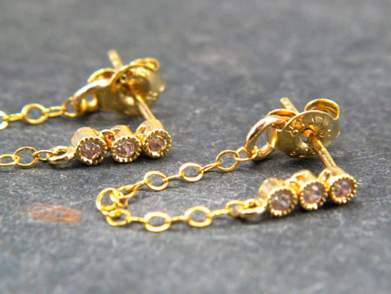 Front to Back Chain Drop Gold Earrings With 3 Bezel Set - Etsy