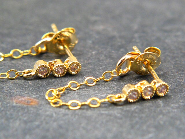 Front to Back Chain Drop Gold Earrings With 3 Bezel Set Vertical Linear ...