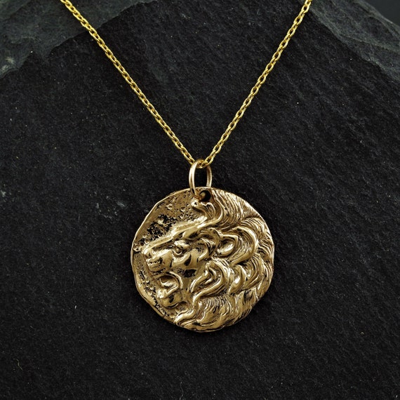 Bronze Lion Head Coin Pendant Fantasy Jewelry Gold Vermeil Chain. Roaring Lion Necklace Heraldic Symbol Medieval Pendant Scottish Jewelry