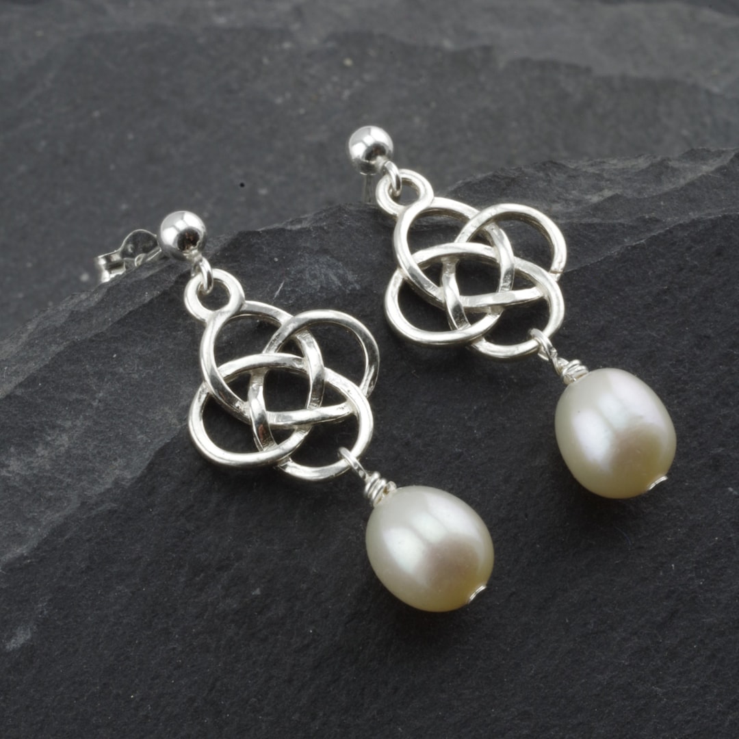 Celtic Earrings White Freshwater Pearls Sterling Silver. Scottish ...