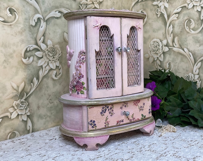 Vintage Jewelry Box, Oval Hand Painted, Music Box, Pink Floral, Birds ...