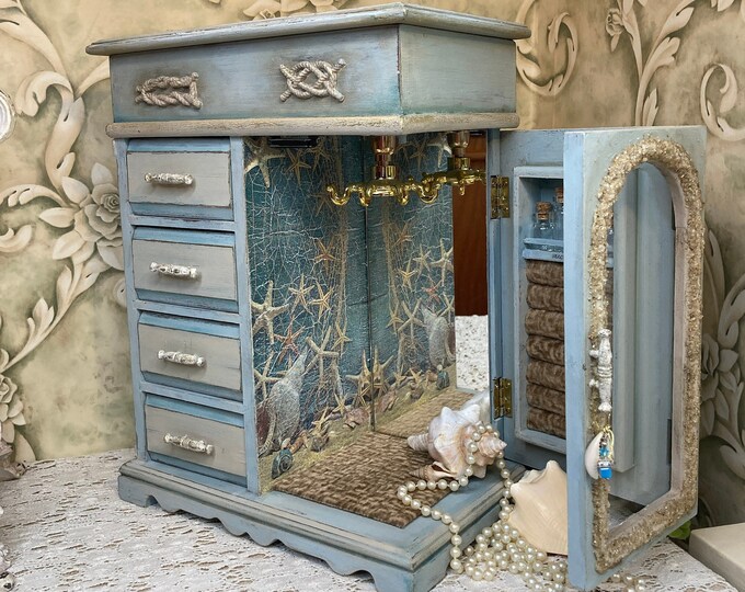 Beach Themed Nautical Jewelry Box, Vintage Solid Wood With Drawers ...